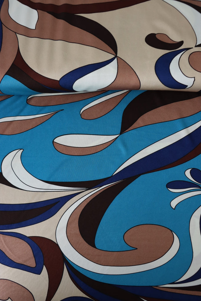 Ocean/Tan/Brown Swirls 100% Silk Jersey | Surge Fabric Shop
