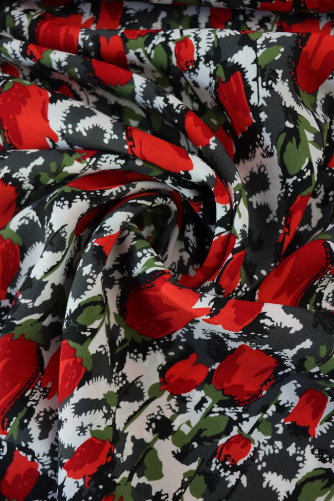 Tulip Garden (Red) Rayon Crepe | Surge Fabric Shop