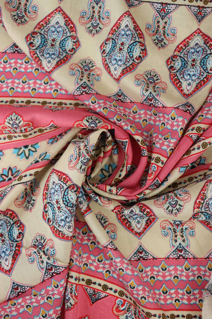 Melon Pink & Aqua Boho Stripe Rayon Challis | Surge Fabric Shop