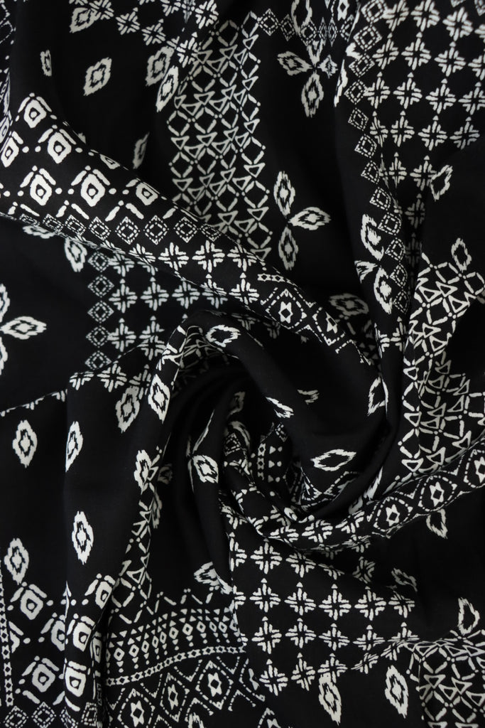 Patchwork on Black Rayon Challis | Surge Fabric Shop