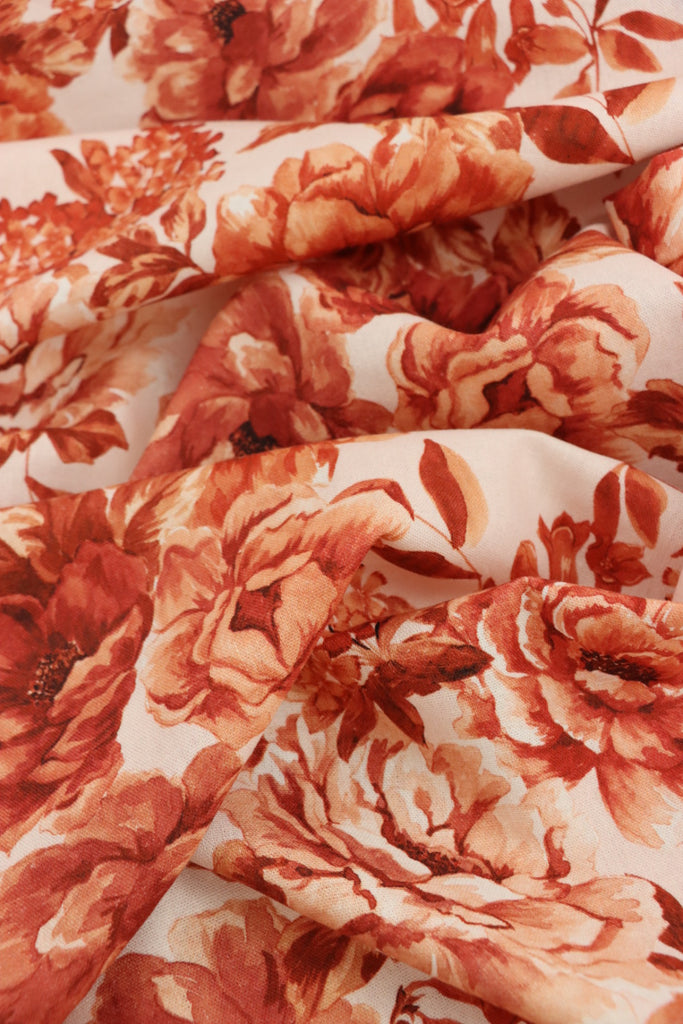 Vermillion Vintage Roses Italian Linen Viscose | Surge Fabric Shop