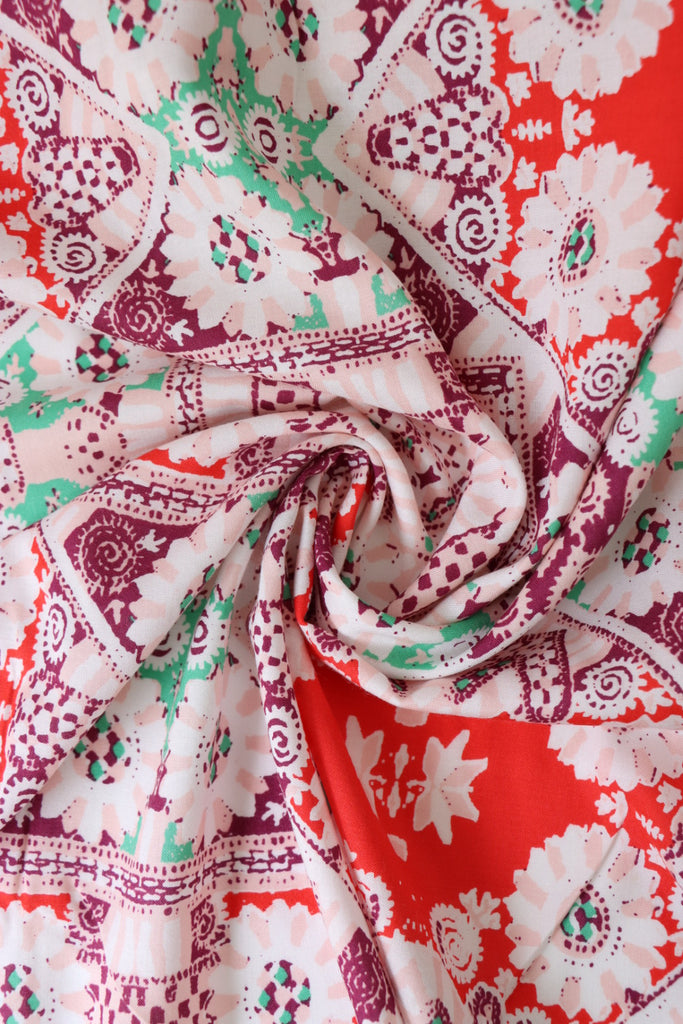 Hot Red/Mint/Boysenberry Boho Rayon Challis | Surge Fabric Shop