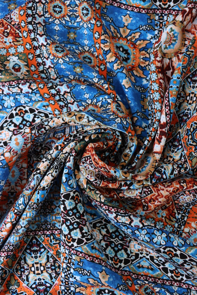 Blue & Orange Boho Patchwork Rayon Challis | Surge Fabric Shop