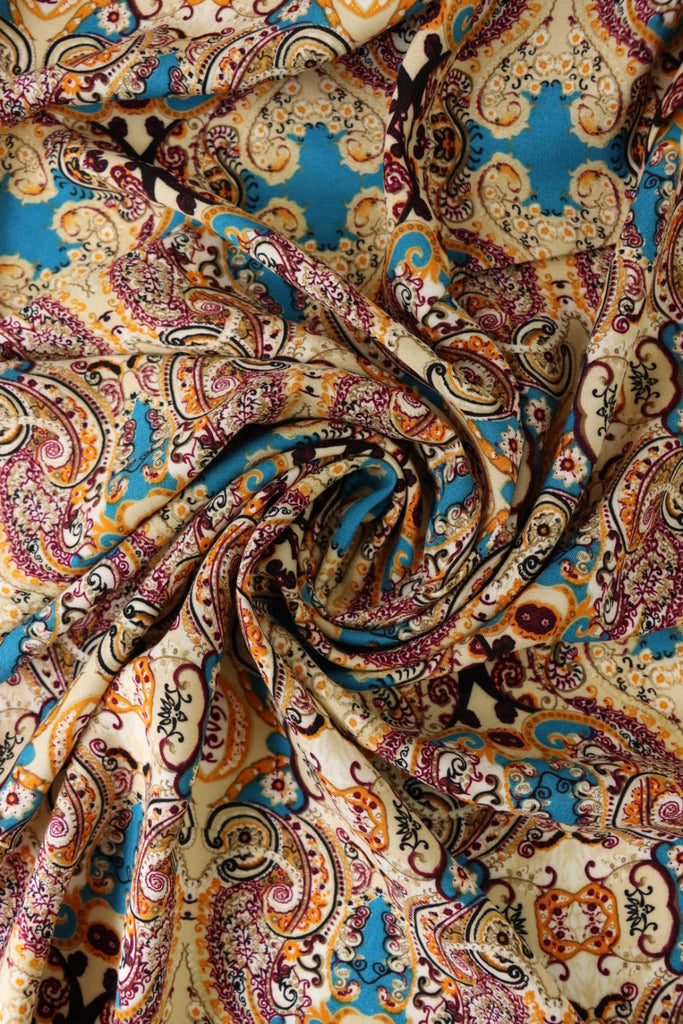 Brilliant Blue & Beige Boho Rayon Challis | Surge Fabric Shop