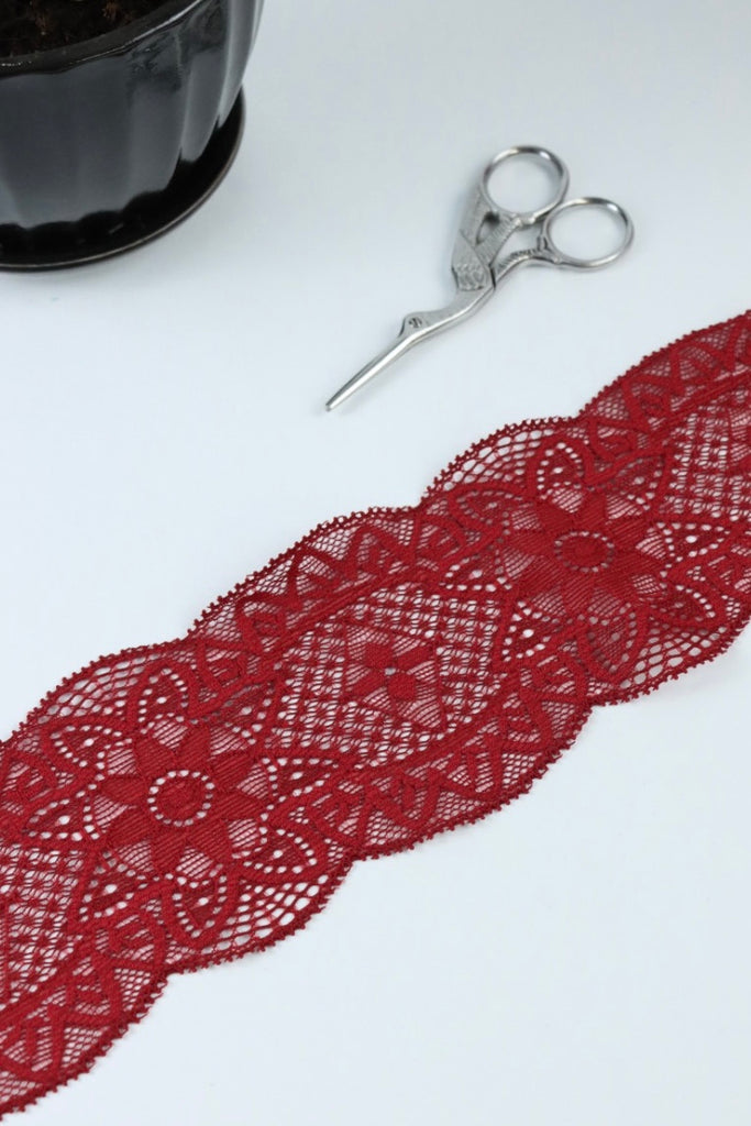 Red Dahlia 3" Wide Stretch Lace | Surge Fabric Shop