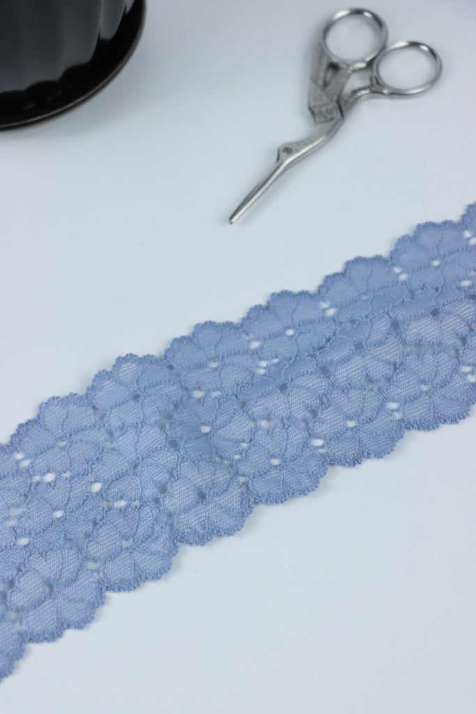 Powder Blue 2.5" Wide Stretch Lace | Surge Fabric Shop