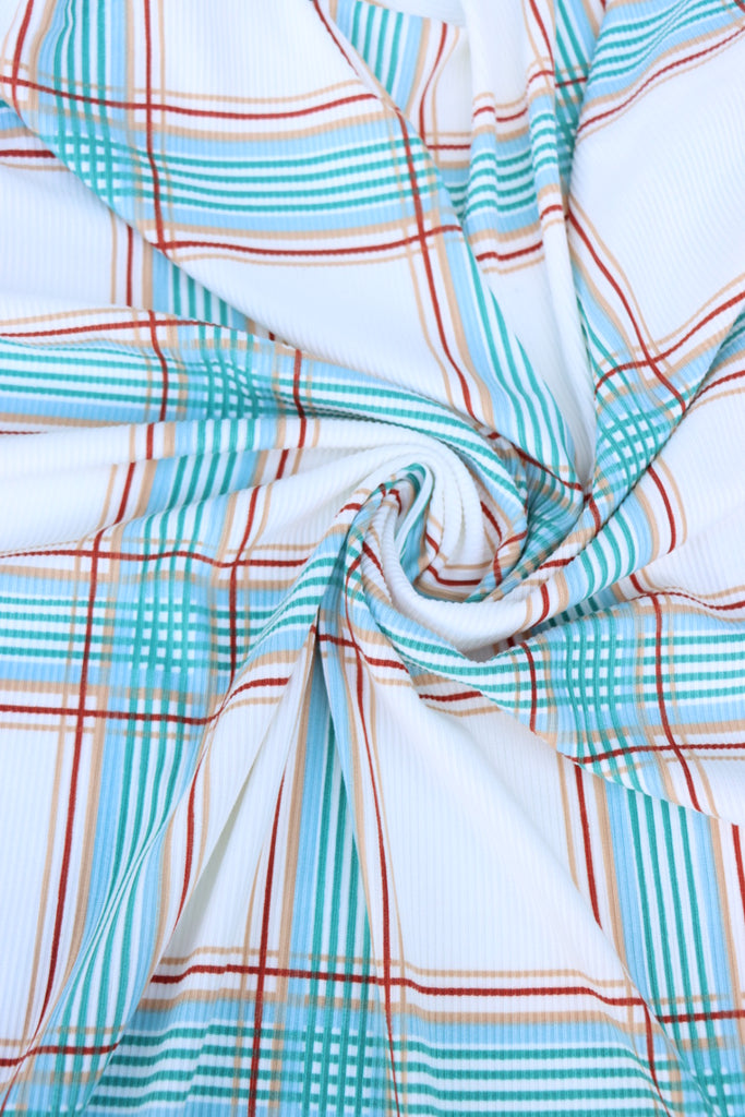 Turquoise/Rust Plaid Yummy 2x1 Rib Knit | Surge Fabric Shop