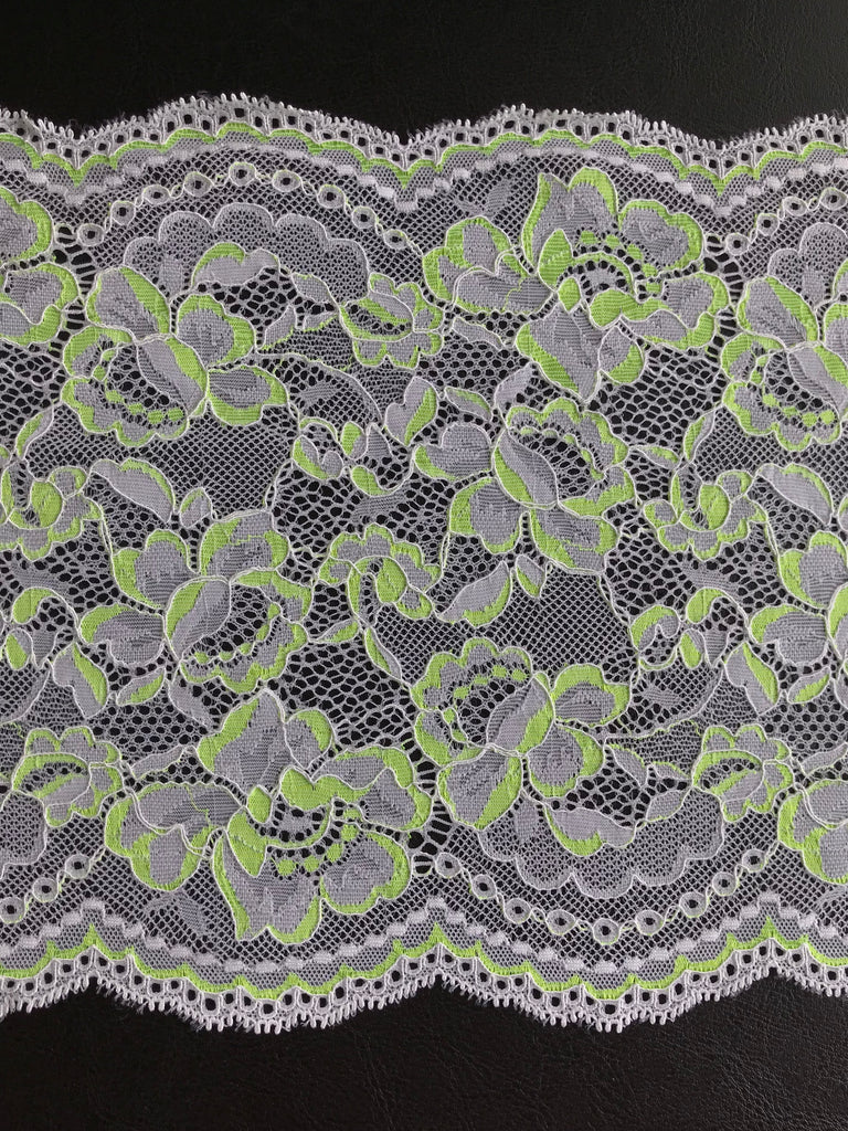 White & Neon Yellow 8.75" Wide Stretch Lace | Surge Fabric Shop