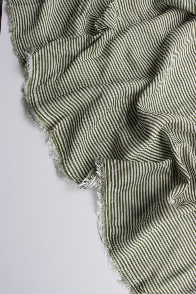 Olive & Ivory Vertical Stripe Rayon Crepon | Surge Fabric Shop